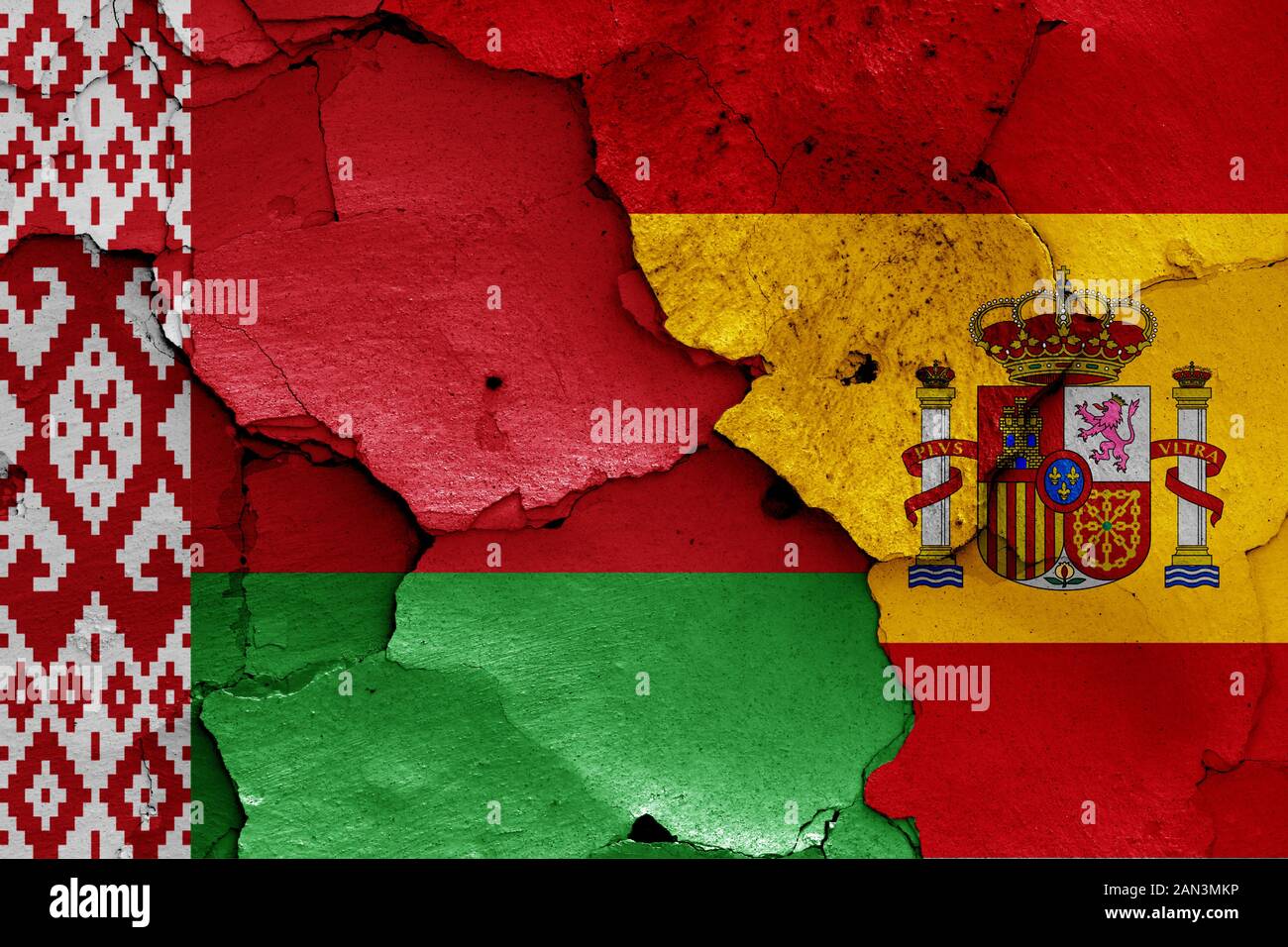 flags of Belarus and Spain painted on cracked wall Stock Photo - Alamy