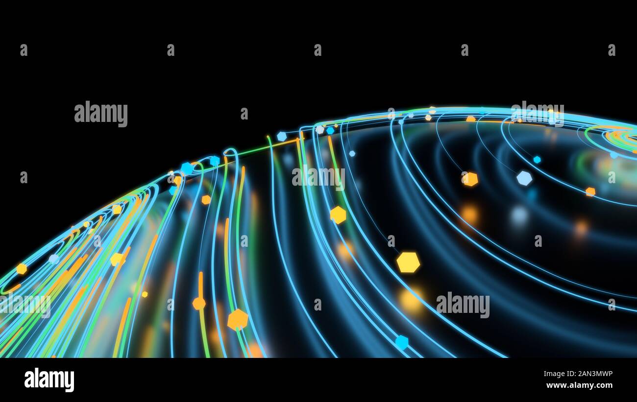 Neon glowing twisted cosmic lines on the surface of the planet ...