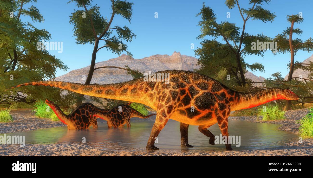 A Dicraeosaurus dinosaur herd take a refreshing dip in a stream in the ...