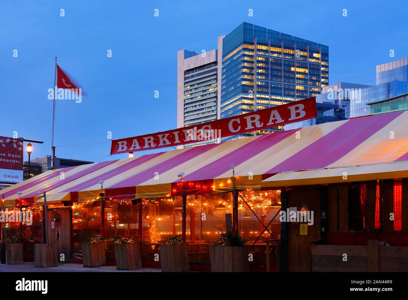 The Barking Crab restaurant before sunrise. The restaurant is lively ...