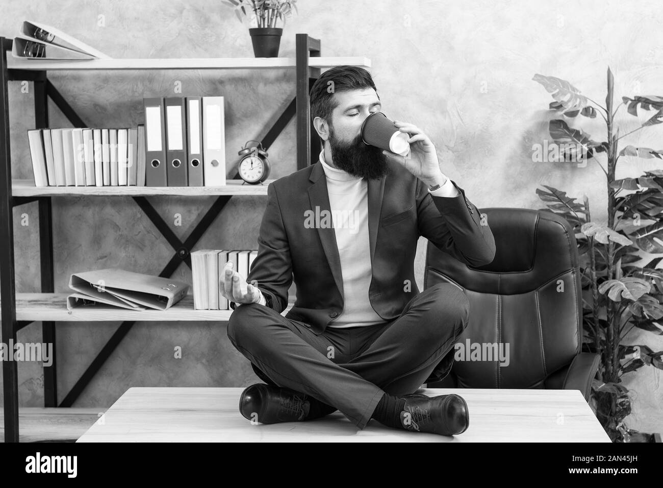Relaxation techniques. Mental wellbeing and relax. Man bearded manager ...