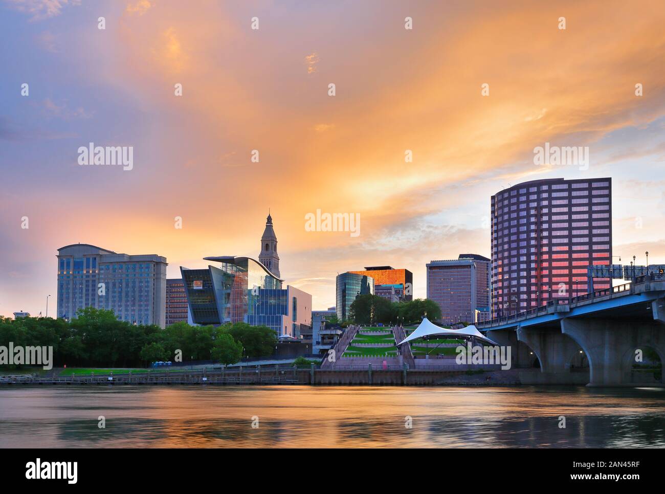 The skyline of Hartford, Connecticut at sunset. Photo shows Founders ...