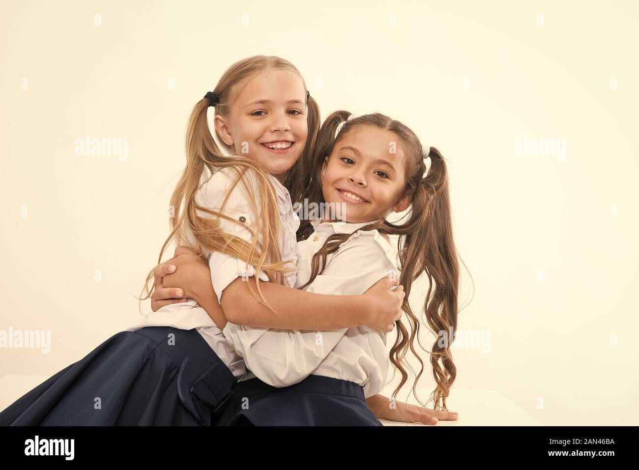 Sincere kids. Kids schoolgirls happy together. True friendship. Girls ...