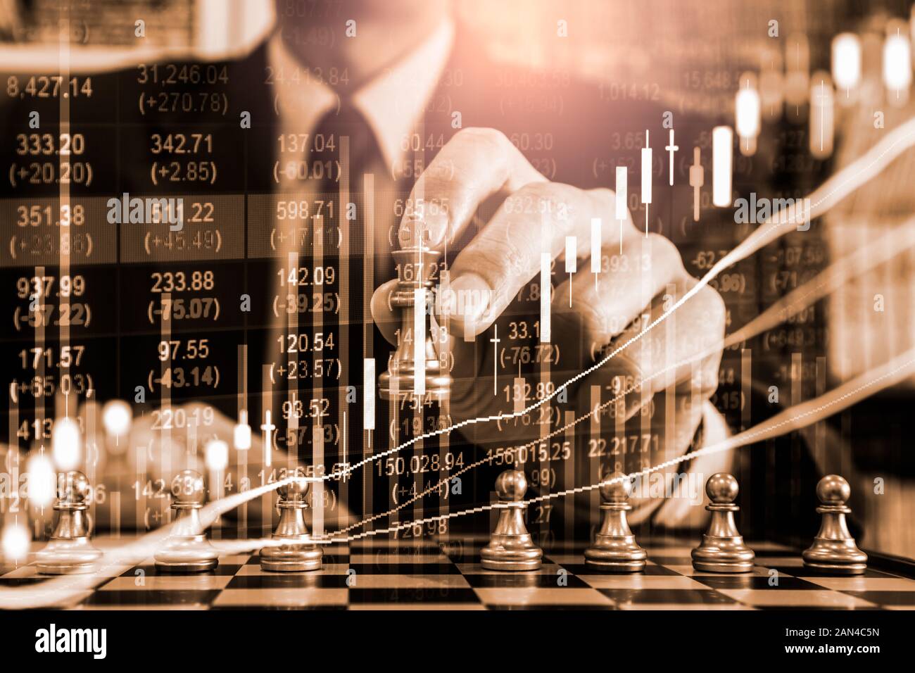 Chess game on chess board on stock market or forex trading graph chart ...