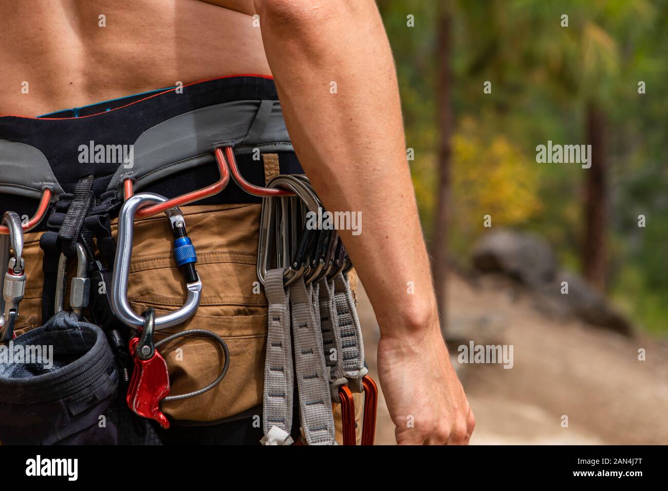 A close up and rear view on the waist and arm of a shirtless rock ...