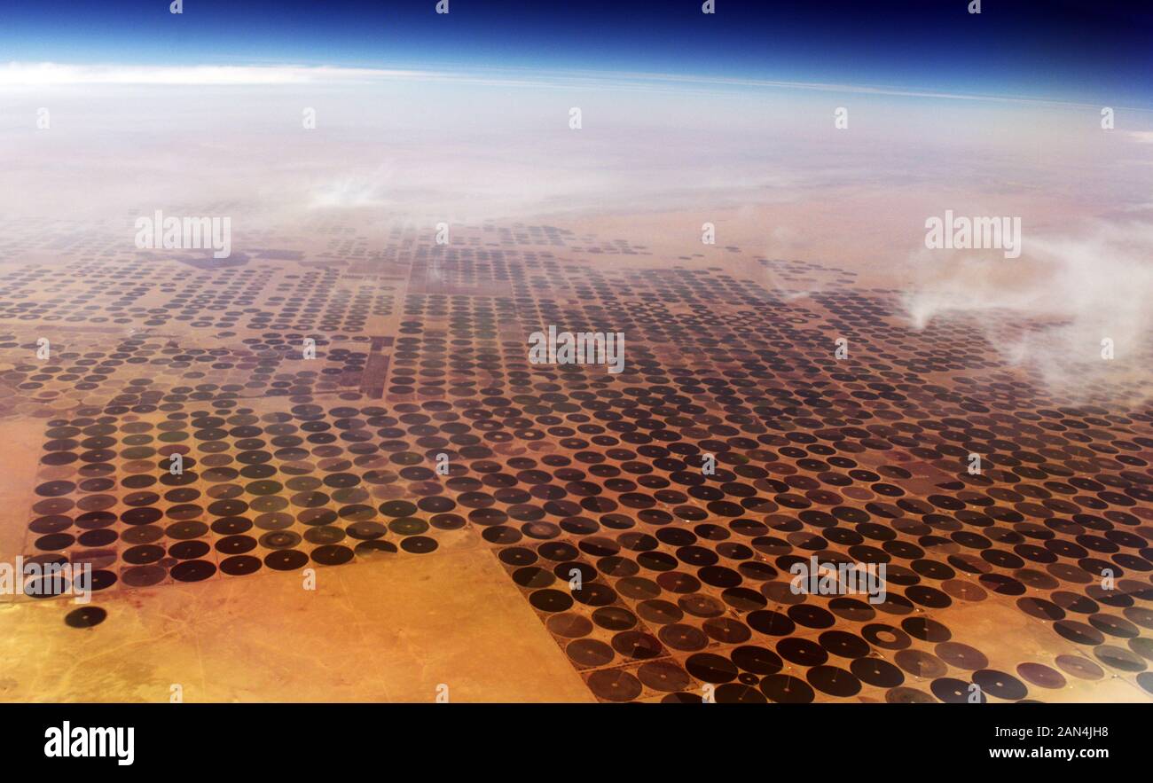 Aerial view of circular agriculture fields in the Arabian desert in the ...