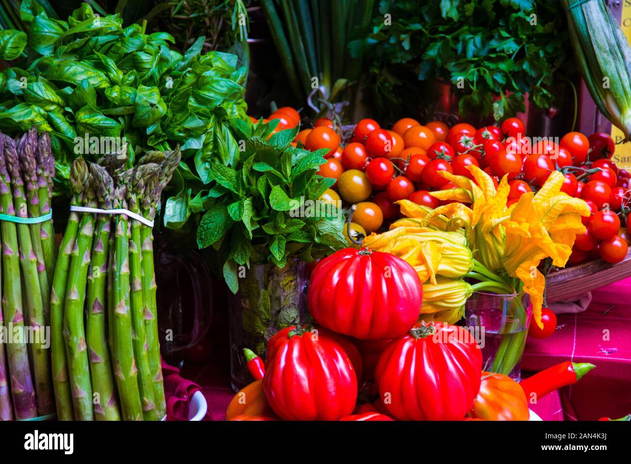 Fruit vegetables herbs market italy italian tomotoes asparagus m hi-res ...