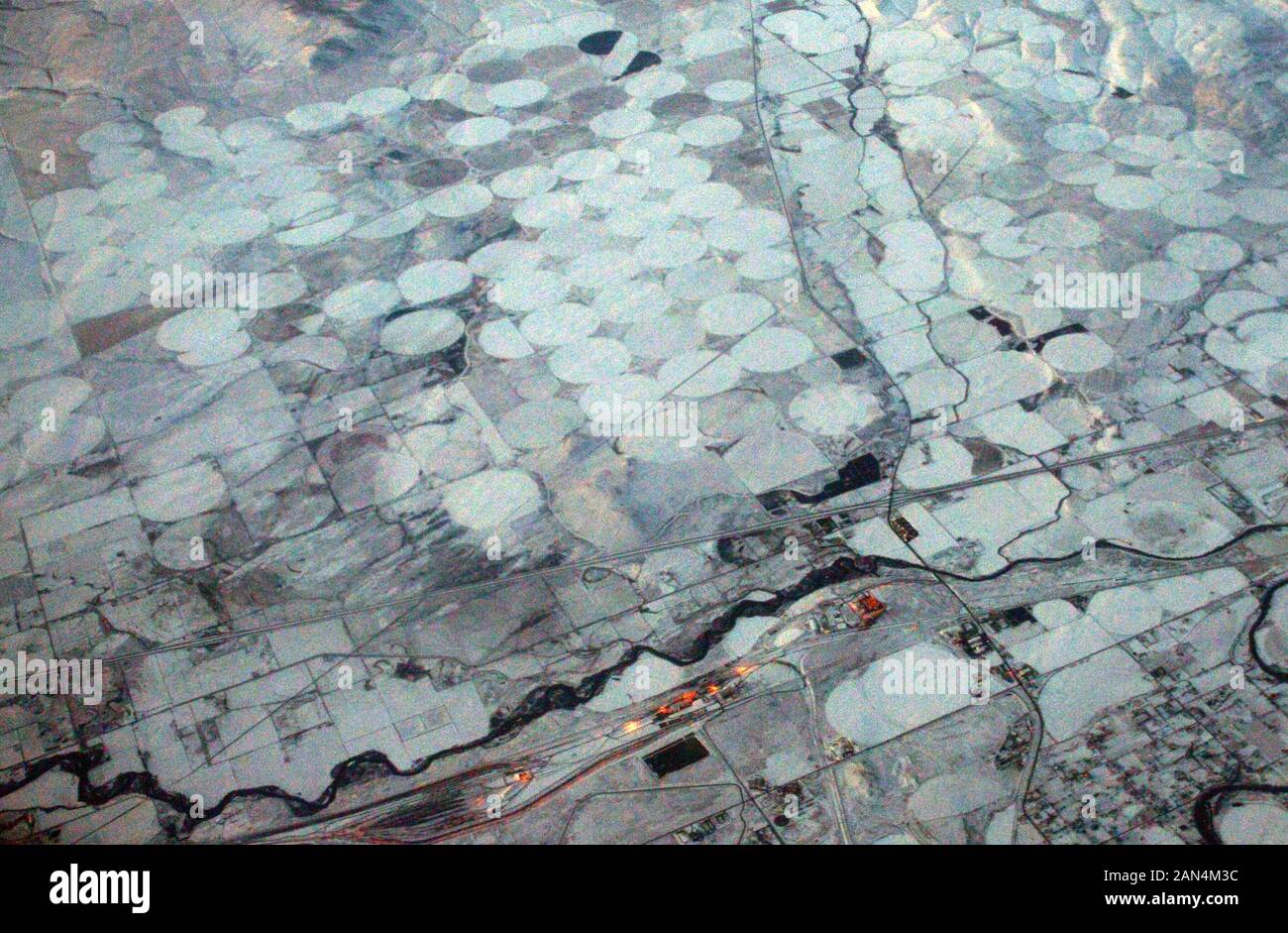 Aerial views of circular pivot irrigated fields in Washington state ...