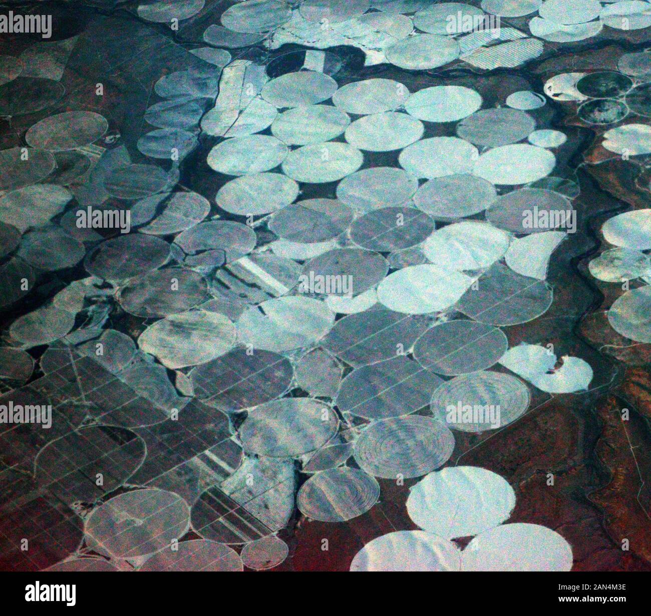 Aerial views of circular pivot irrigated fields in Washington state ...