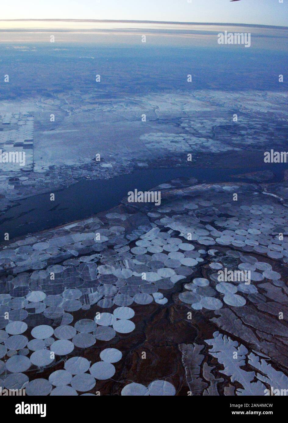Aerial views of circular pivot irrigated fields in Washington state ...