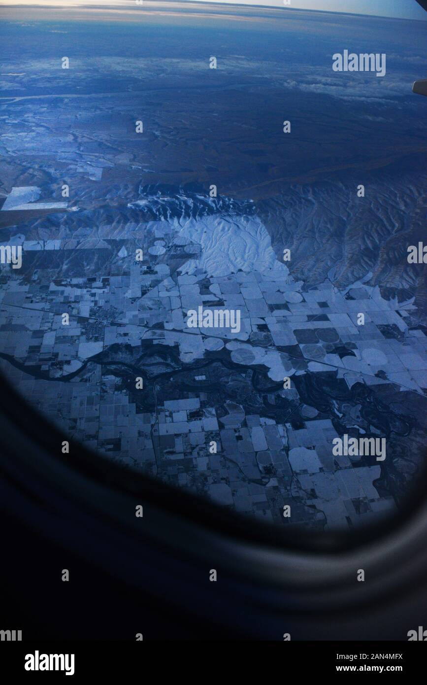 Aerial views of circular pivot irrigated fields in Washington state ...