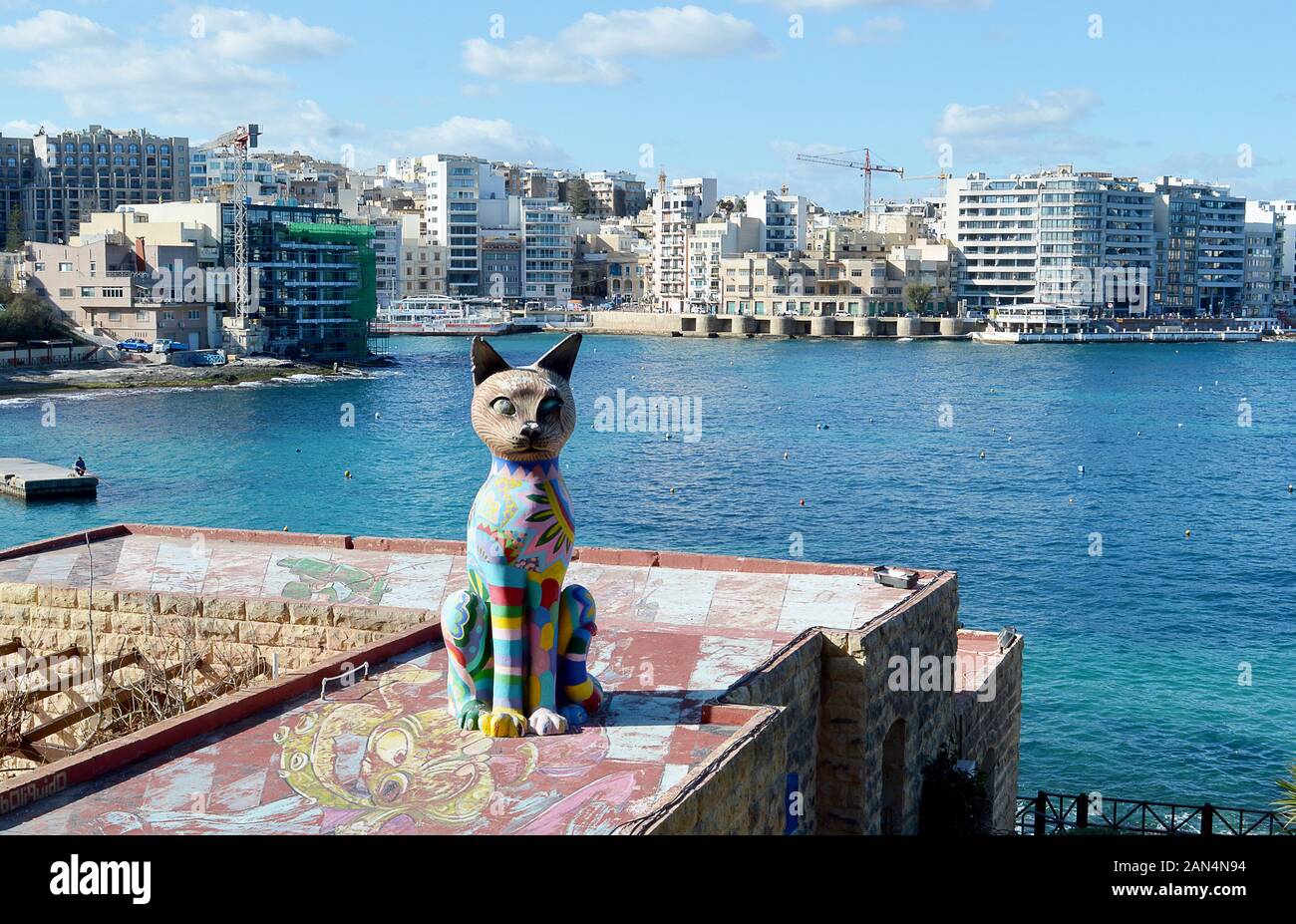 SLIEMA, MALTA - 9 JANUARY 2020: A giant cat statue by Matthew ...