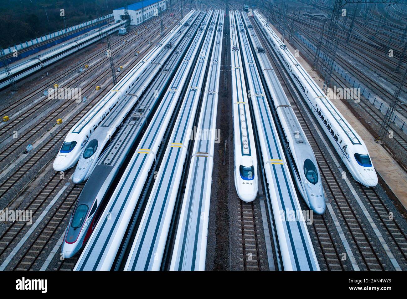 An aerial view of high-speed trains parking at Wuhan Railway Station ...
