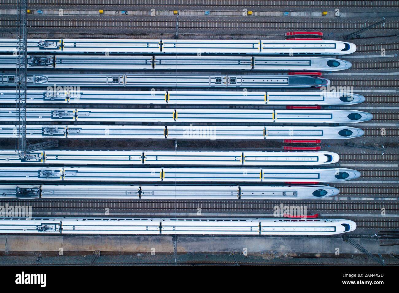 An aerial view of high-speed trains parking at Wuhan Railway Station ...