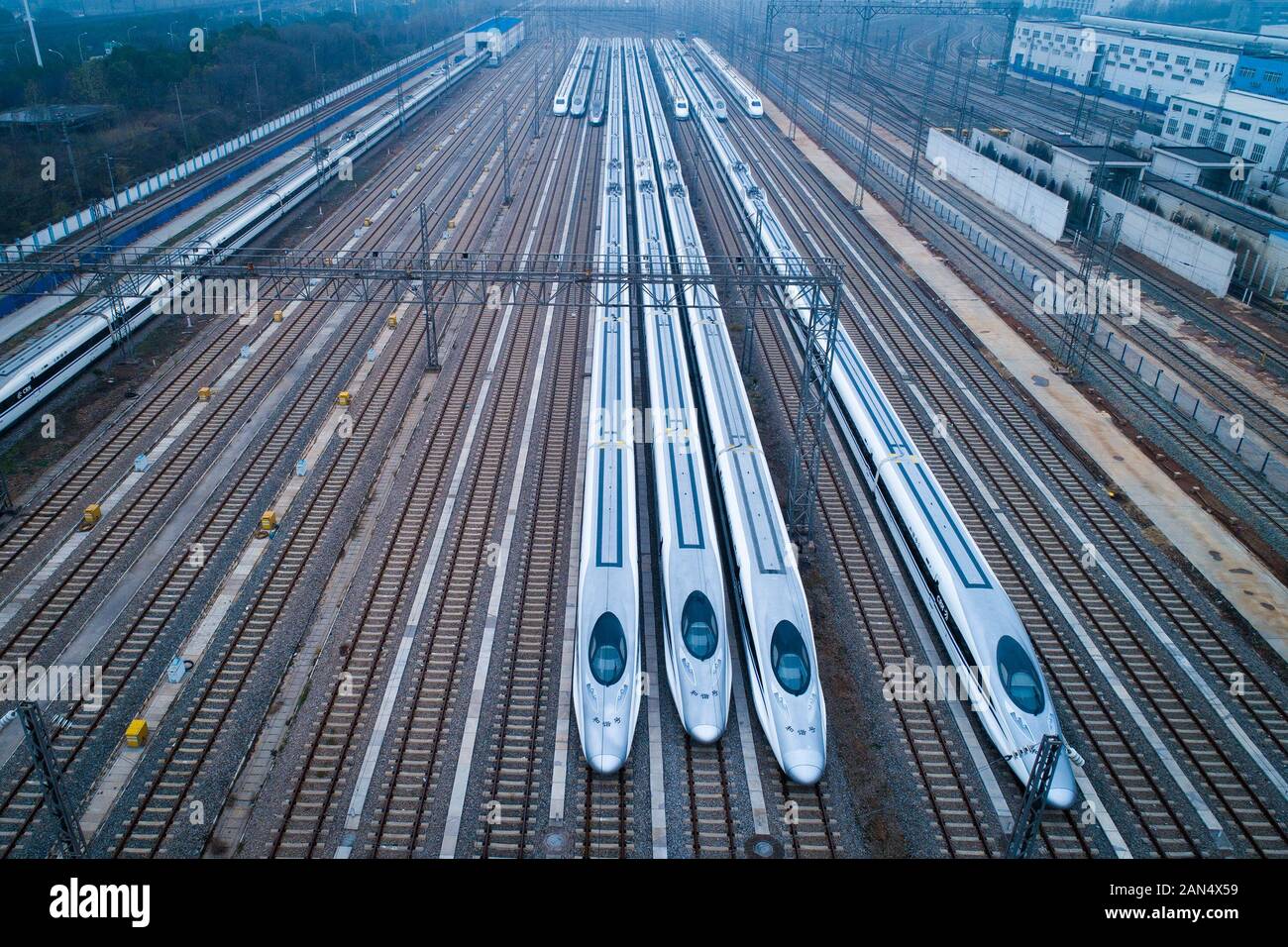 An aerial view of high-speed trains parking at Wuhan Railway Station ...