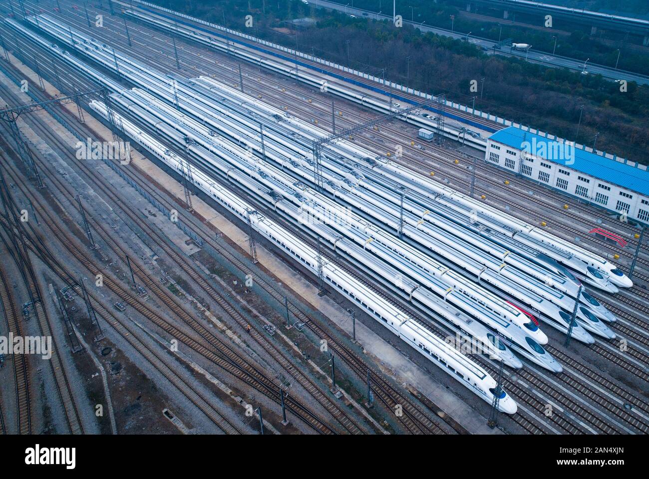 An aerial view of high-speed trains parking at Wuhan Railway Station ...