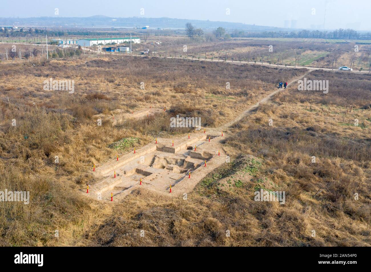 An aerial view of the excavated production site where stone-made armors ...
