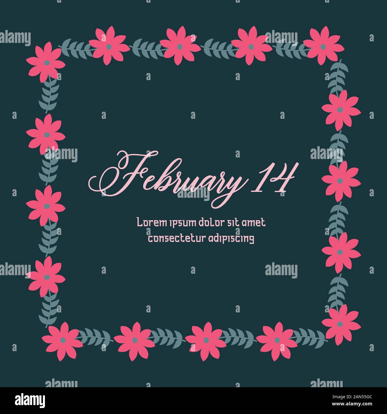 Romantic 14 February greeting card design, with beautiful wreath frame ...