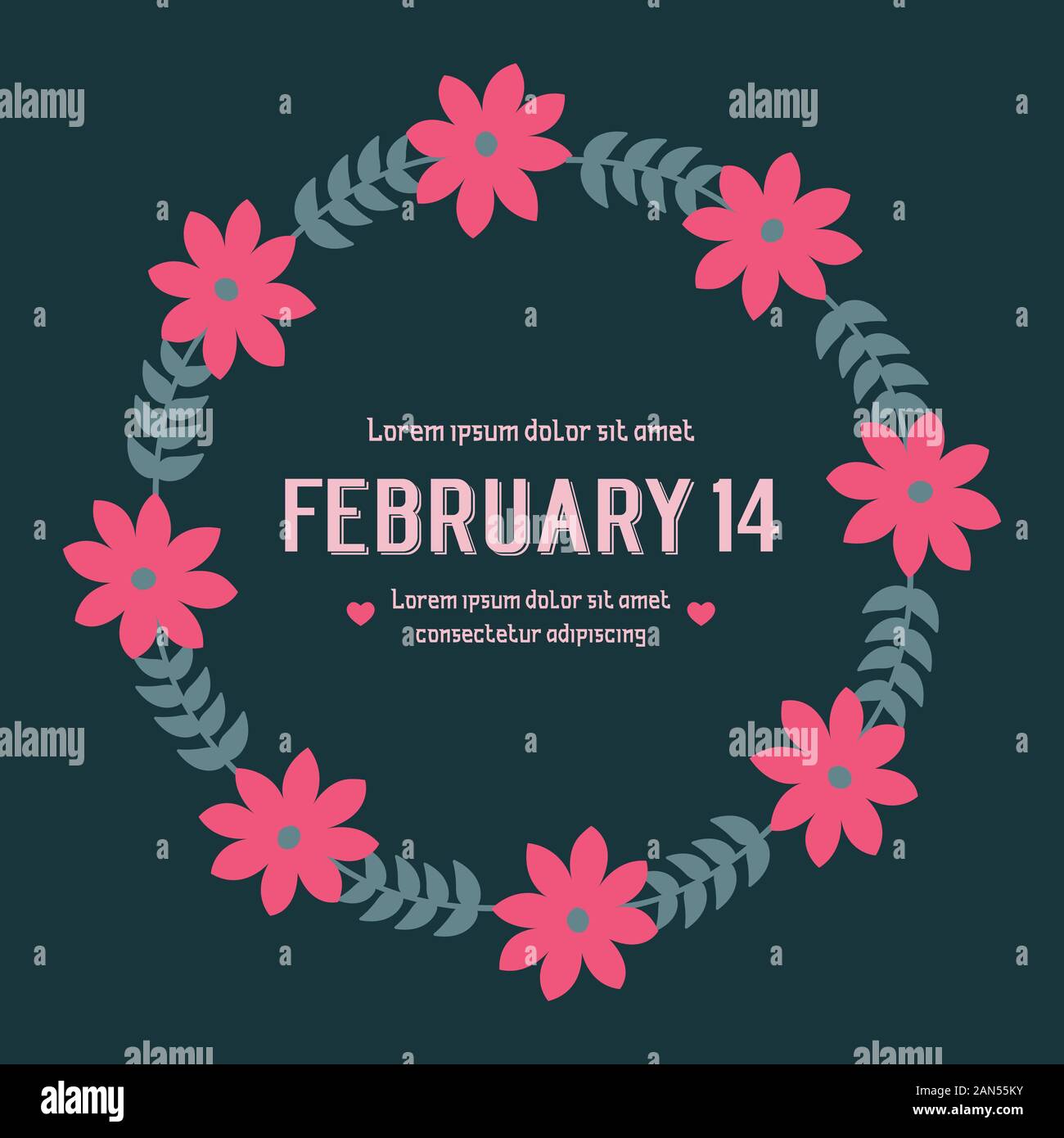 Romantic 14 February greeting card design, with beautiful wreath frame ...