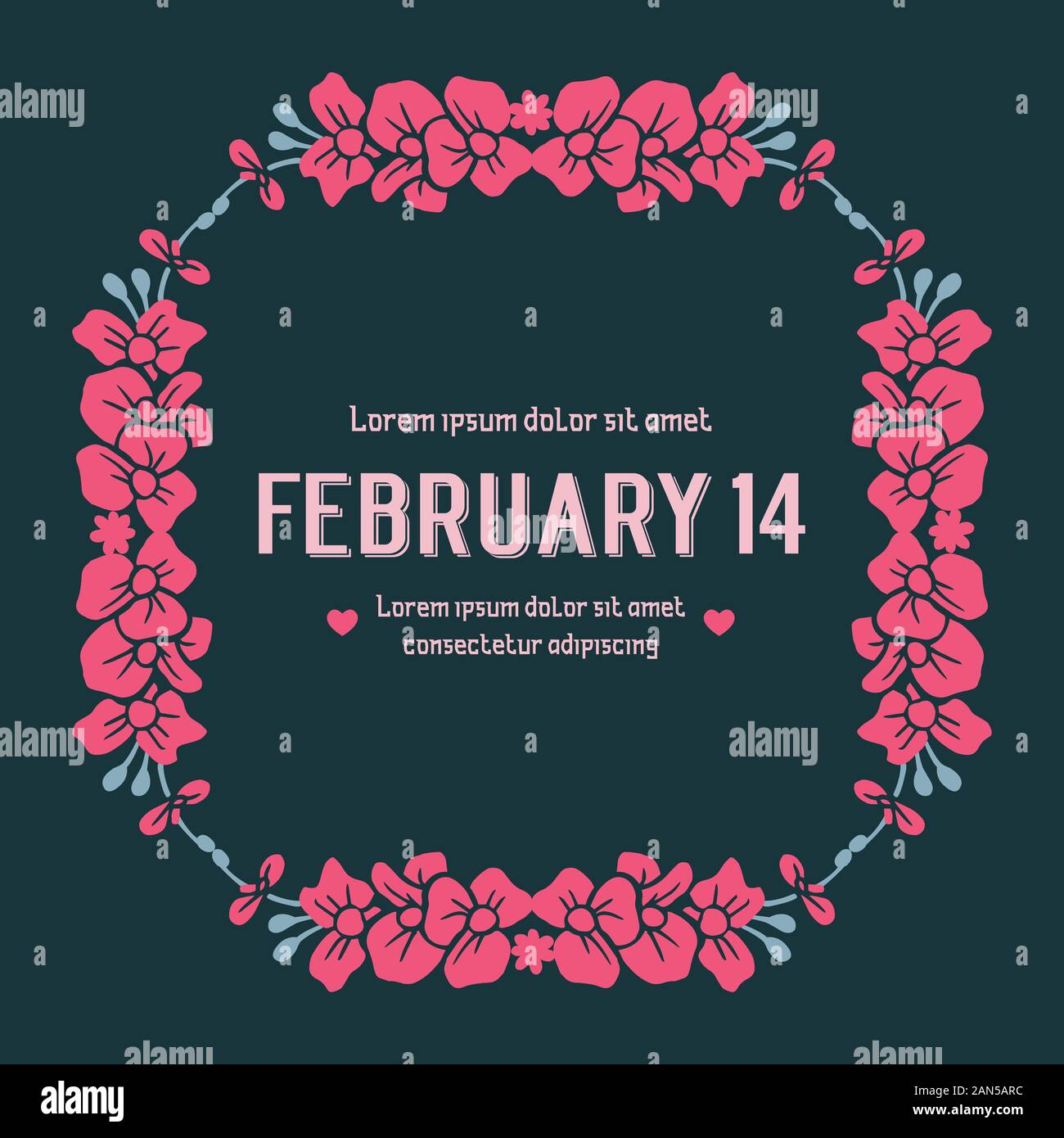 Crowd pink floral frame and unique shape leaf, for 14 February greeting ...