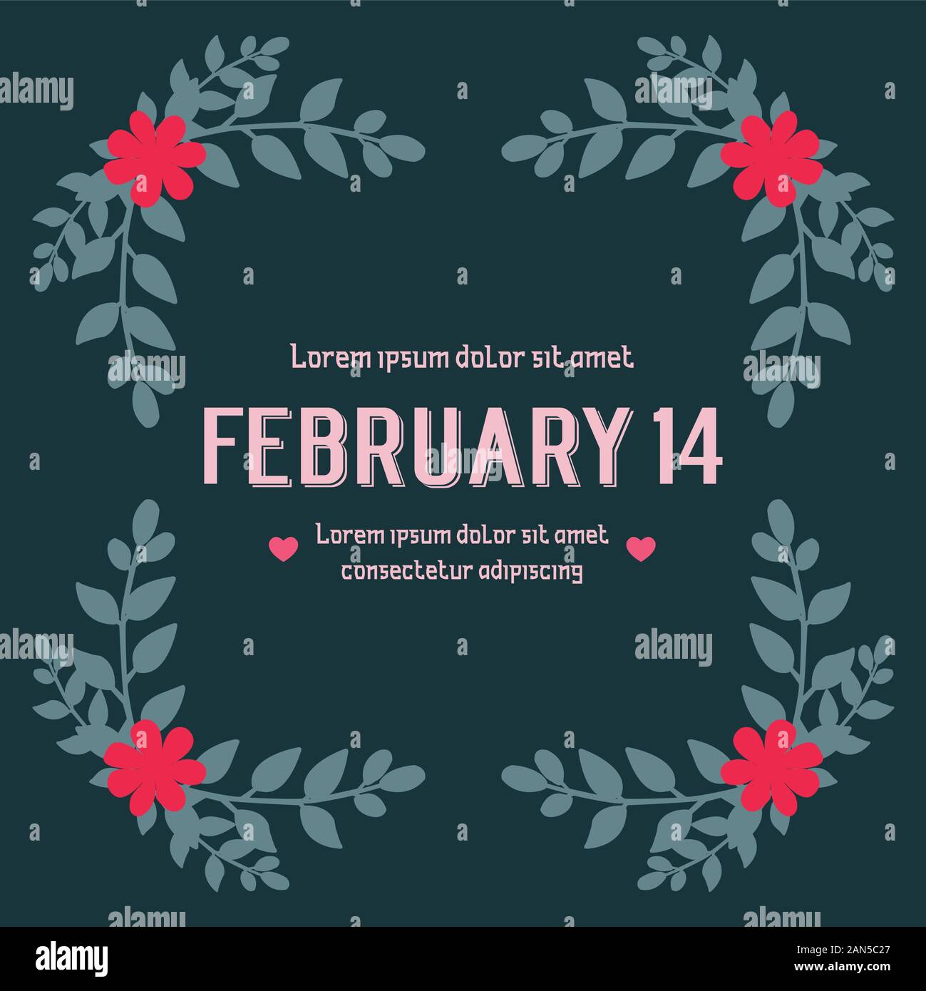 Romantic 14 February card design, with seamless leaf and wreath frame ...