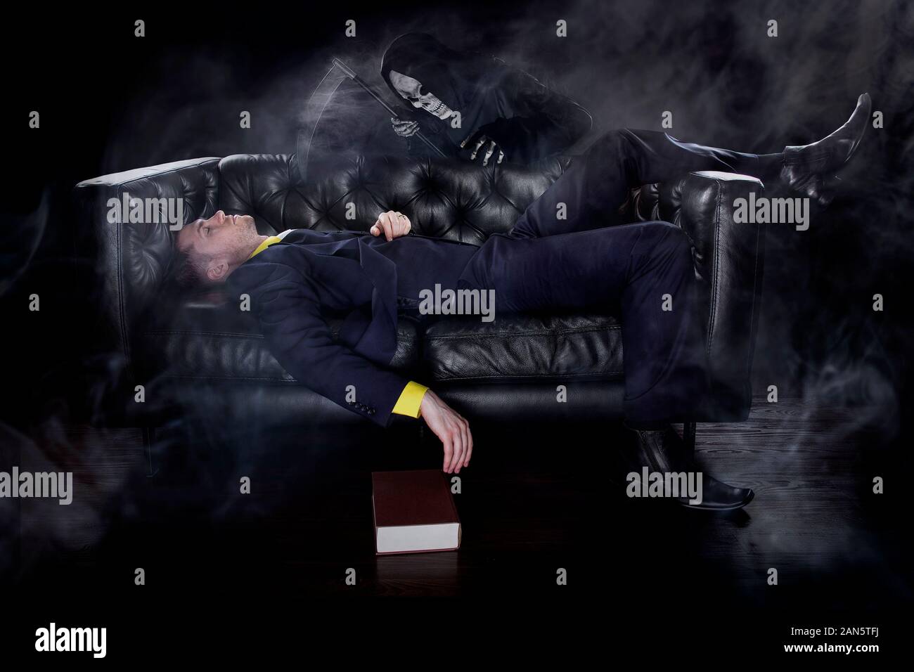 Man laying asleep on a couch with a book and being haunted by a ghost ...