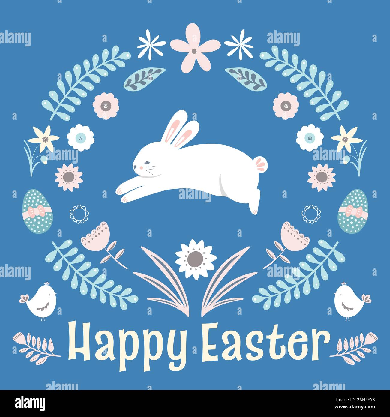 Happy Easter Card With Bunny And Floral Wreath Vector Springtime