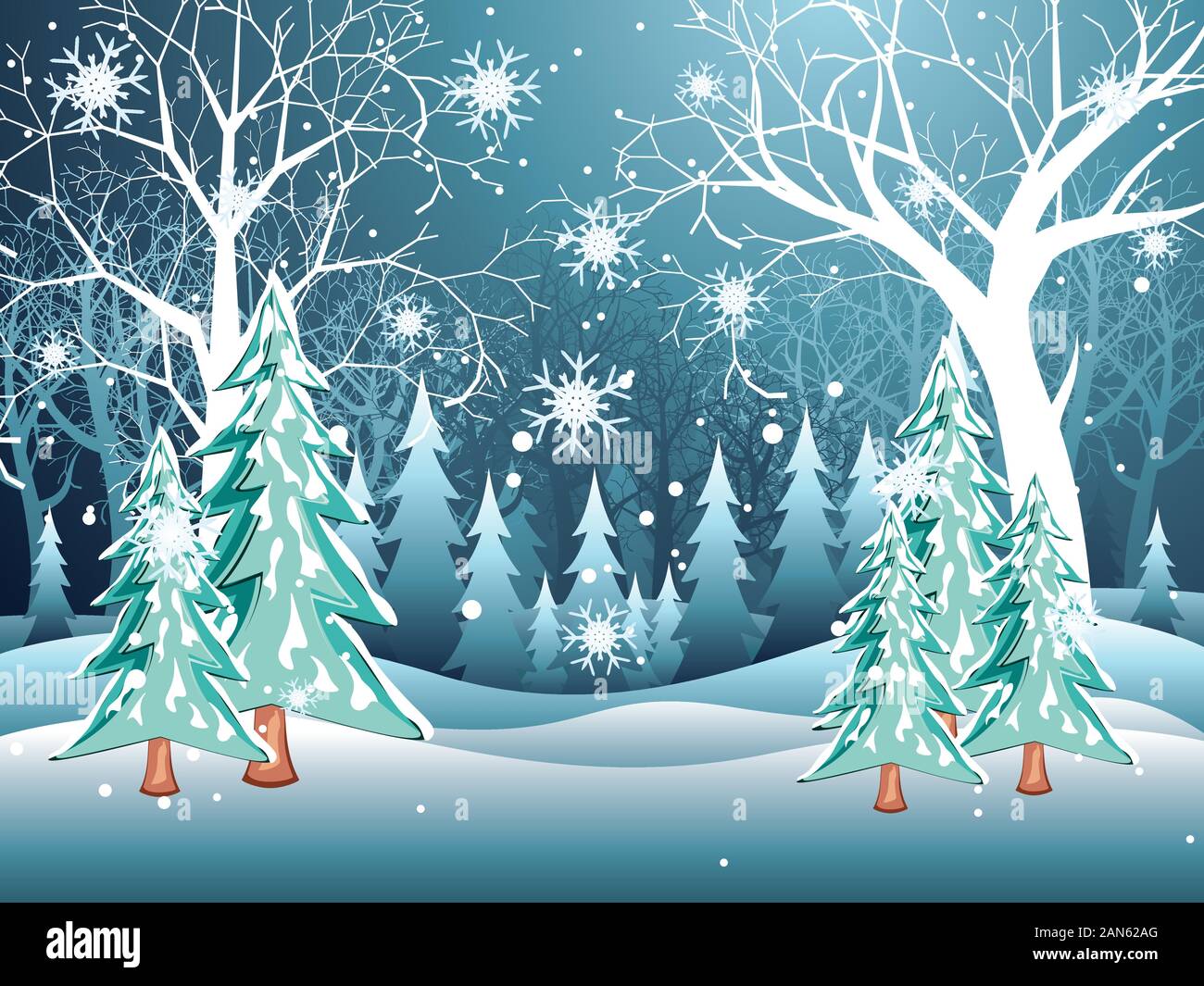 Tree without leaves in snowy forest, winter landscape Stock Vector ...