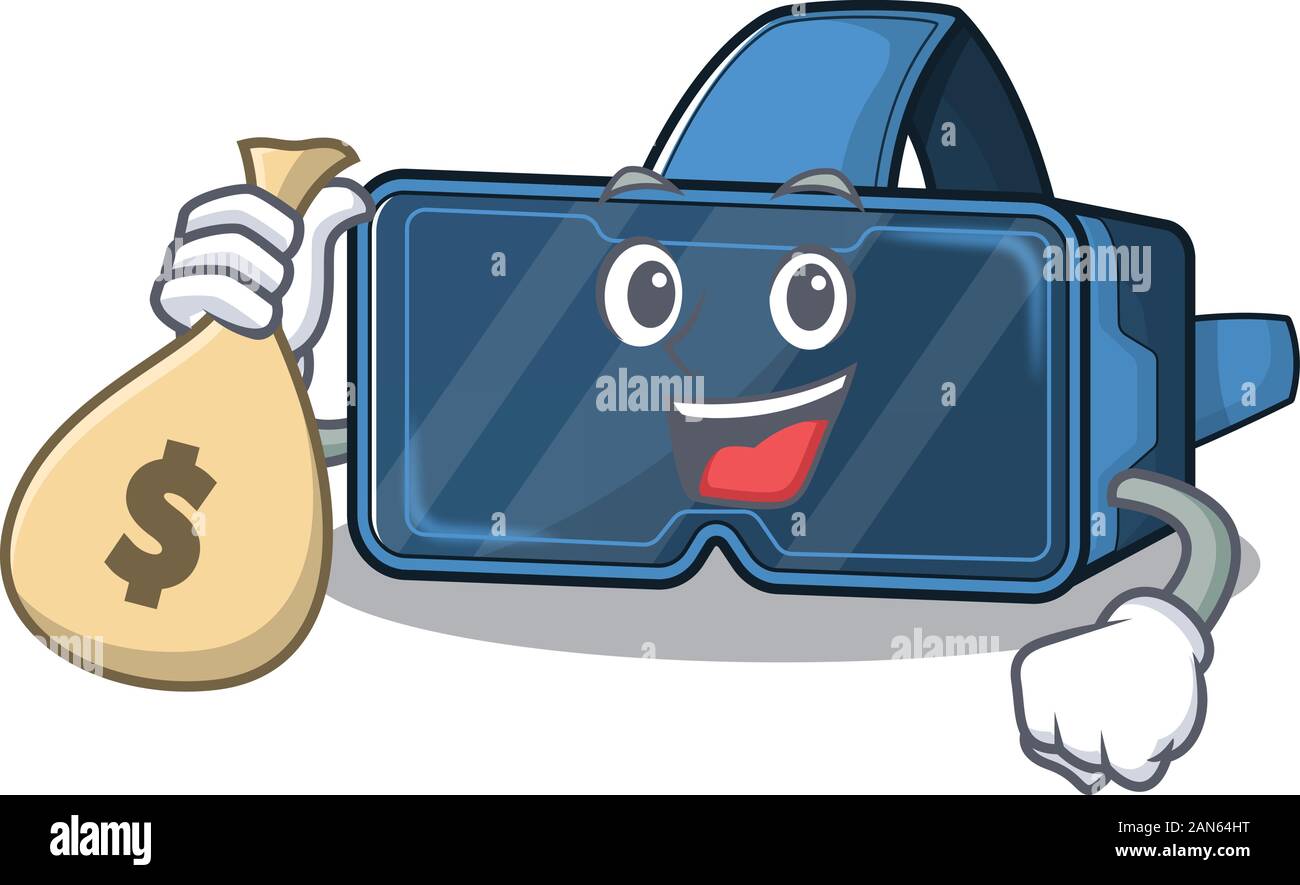 Happy rich vr virtual reality cartoon character with money bag Stock ...