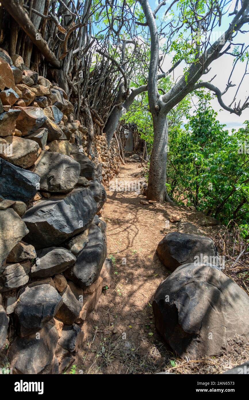 Narrow pathway in Konso, walled village tribes Konso. Africa, Ethiopia ...
