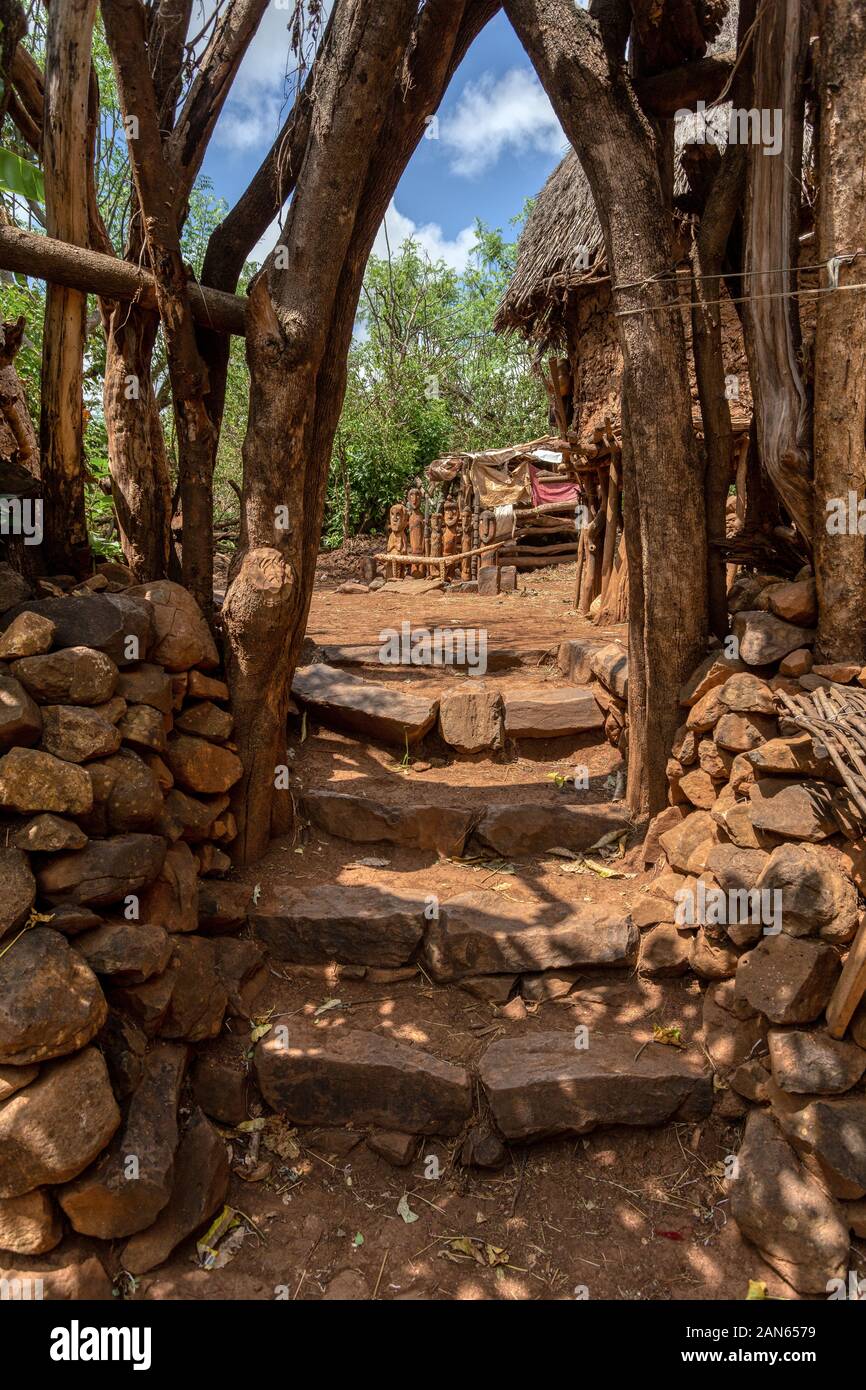 Simple stone stairs to house in walled village tribes Konso. African ...