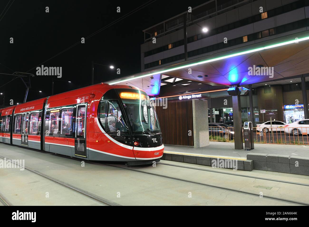 A view of the light train at the Alinga Street platform in Canberra ...