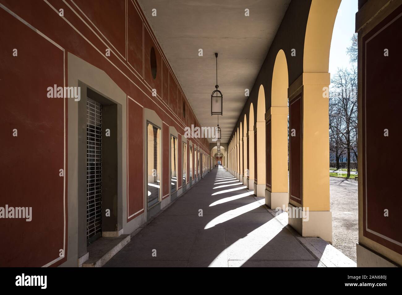 Arcade corridors, Promenade with columns surrounding Hofgarten Park in ...