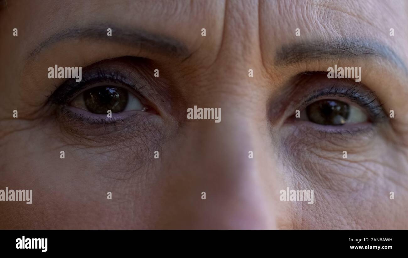 Extreme Close Up Of Mature Woman Eyes Sad Retired Lady Looking Into