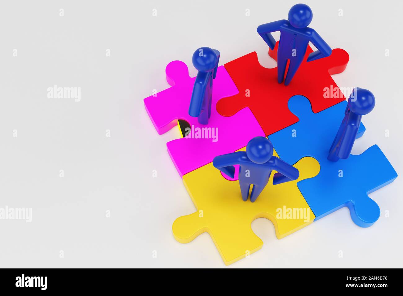 Four 3d man are standing on pieces of the puzzle. Teamwork concept. 3d ...