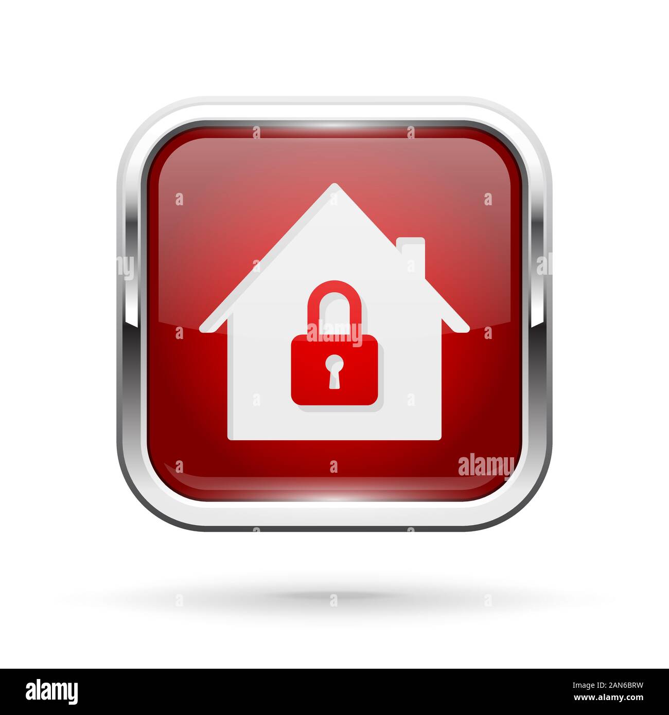 Closed icon. Red shiny 3d button with metal frame and locked home ...