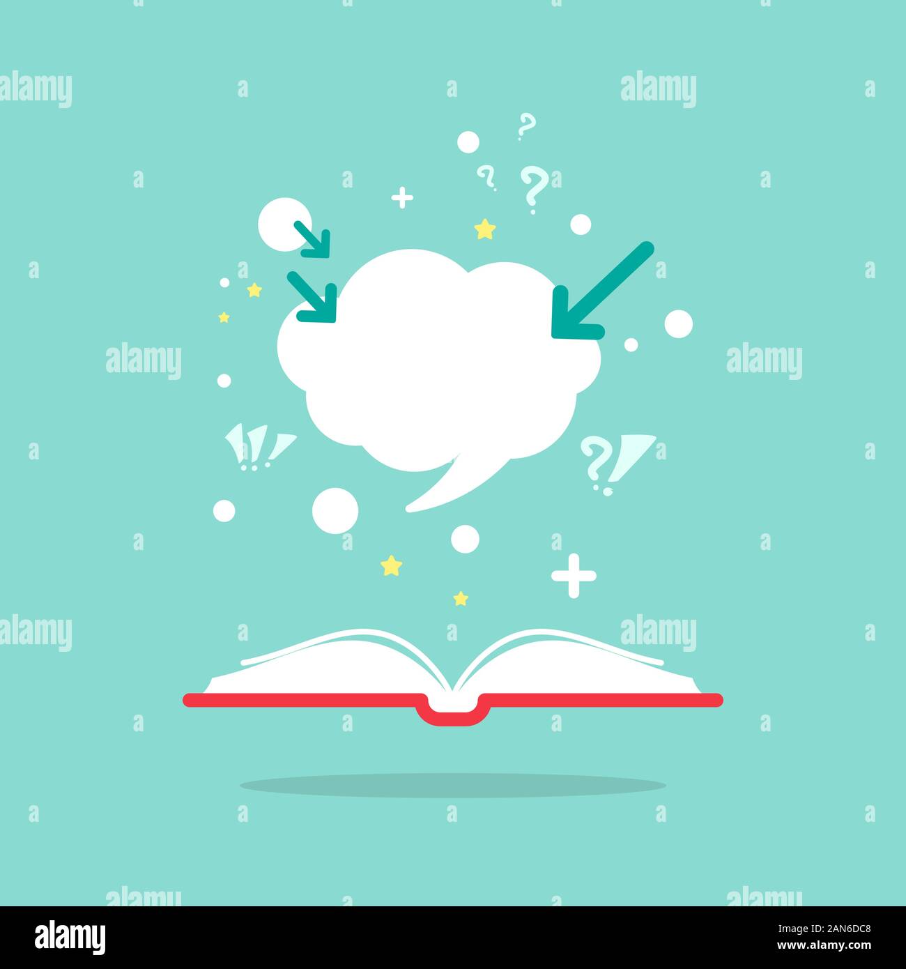 Open book with question marks, plus sign, arrows and speech bubble on powder blue background ...