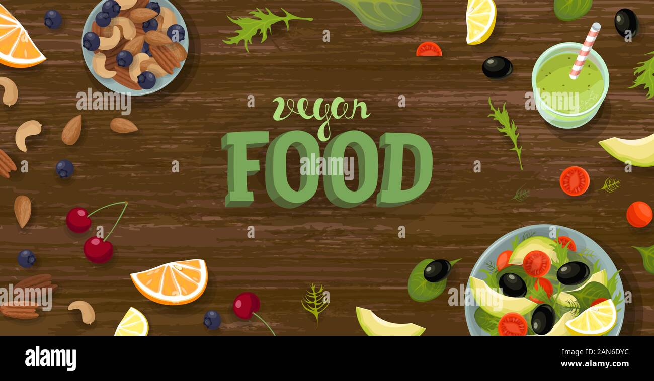 Salad and smoothie top view banner template. Healthy vegan food ...