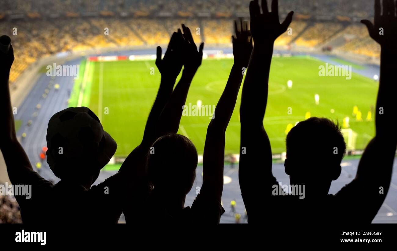 Passionate football fans celebrating goal, team winning, proud of ...