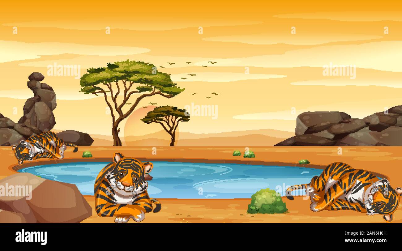 Scene with many tigers in the field illustration Stock Vector Image ...