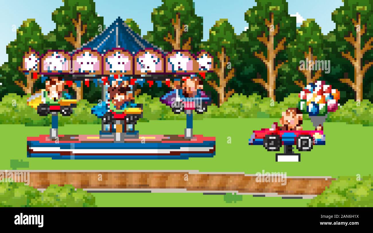 Background scene with monkeys riding rocket ride in the park ...