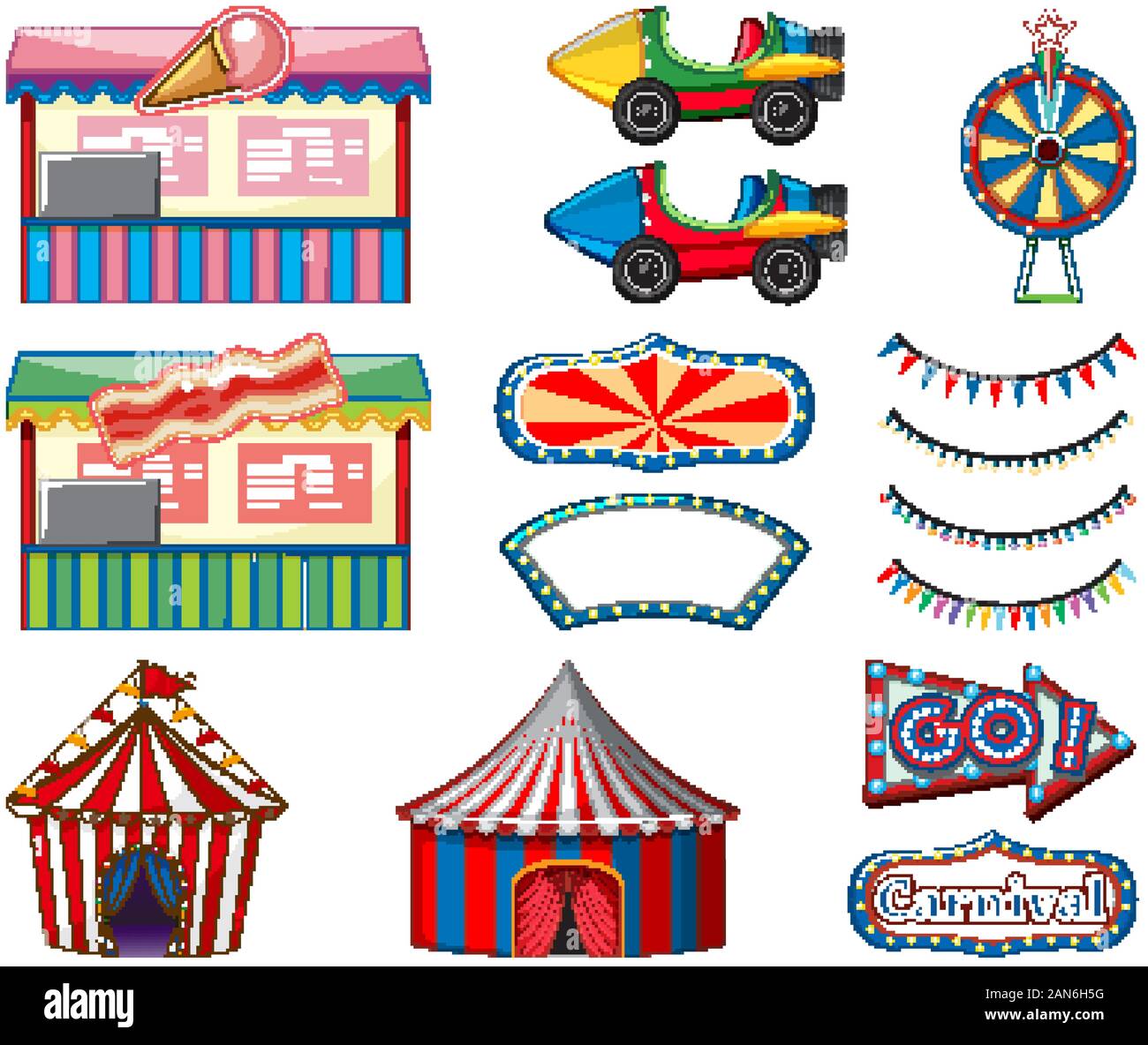 Set of circus rides and game booth on white background illustration ...