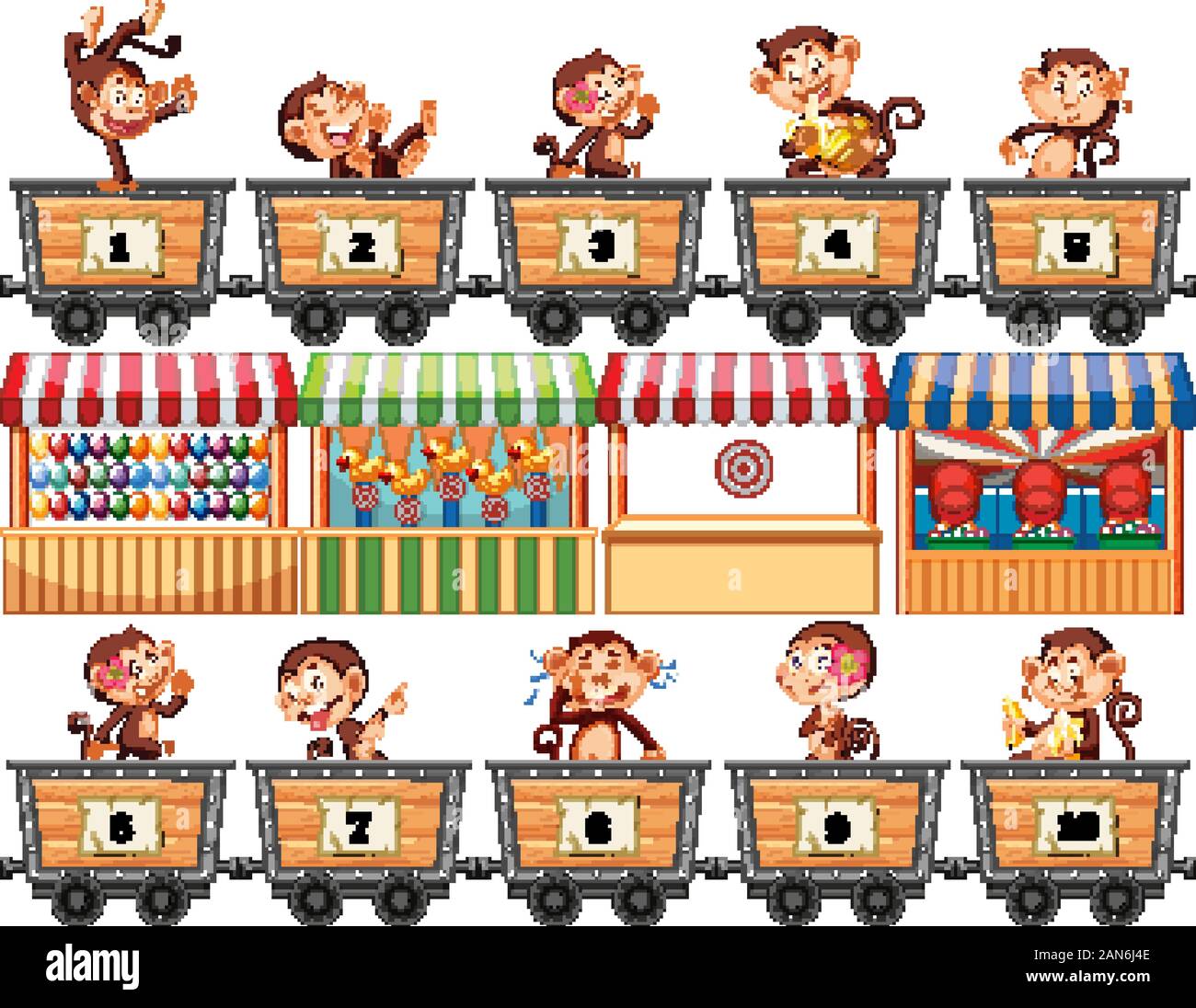 Happy monkeys riding in the carts with numbers illustration Stock ...