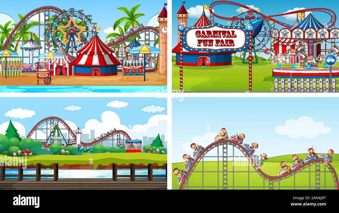 Four scenes with many rides in the fun fair illustration Stock Vector ...