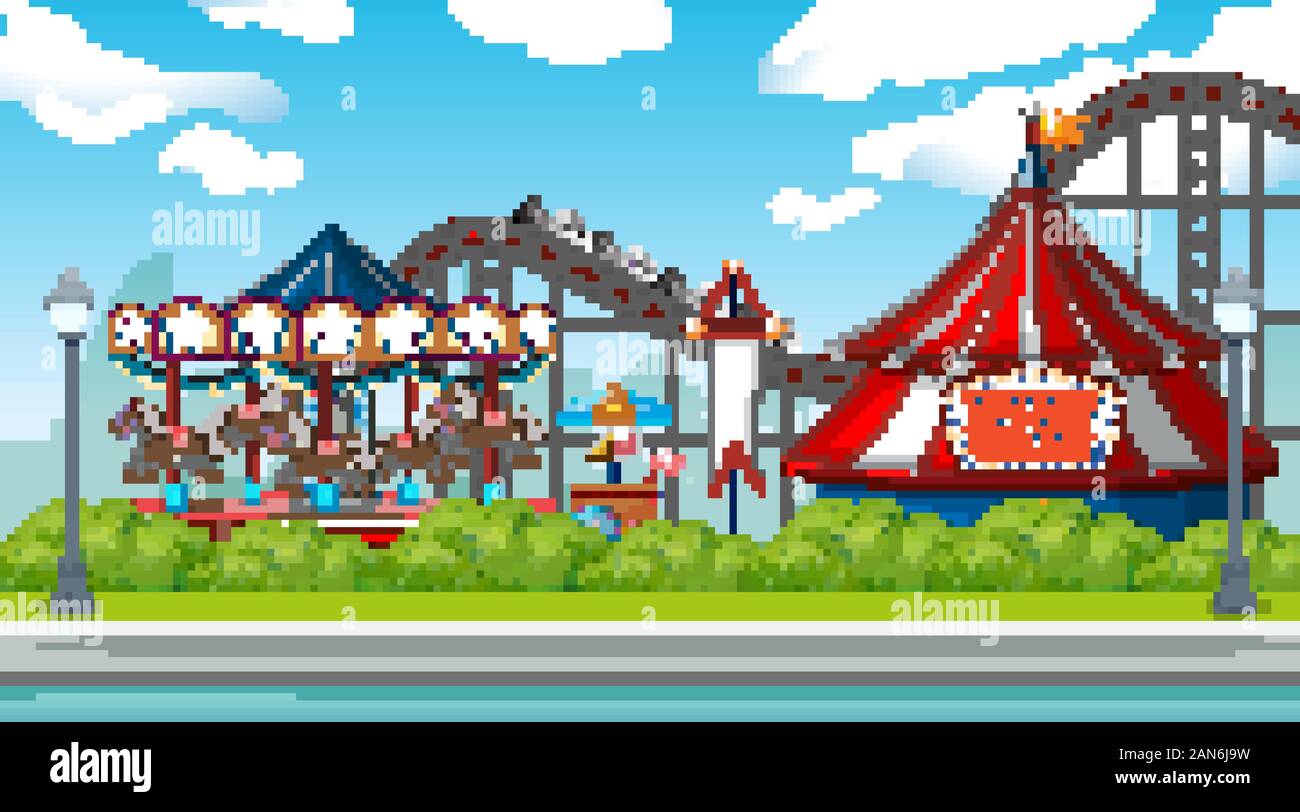Scene with roller coaster and carousel in the fair illustration Stock ...