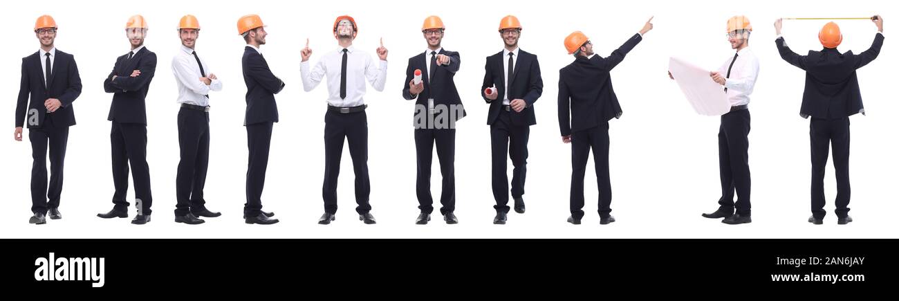 panoramic photo collage of architect engineer isolated on white Stock ...