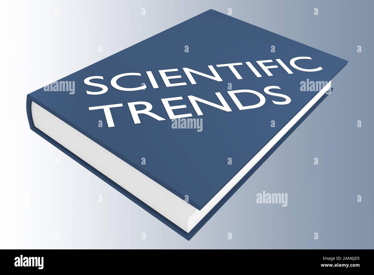 3D illustration of SCIENTIFIC TRENDS script on a book, isolated on blue ...