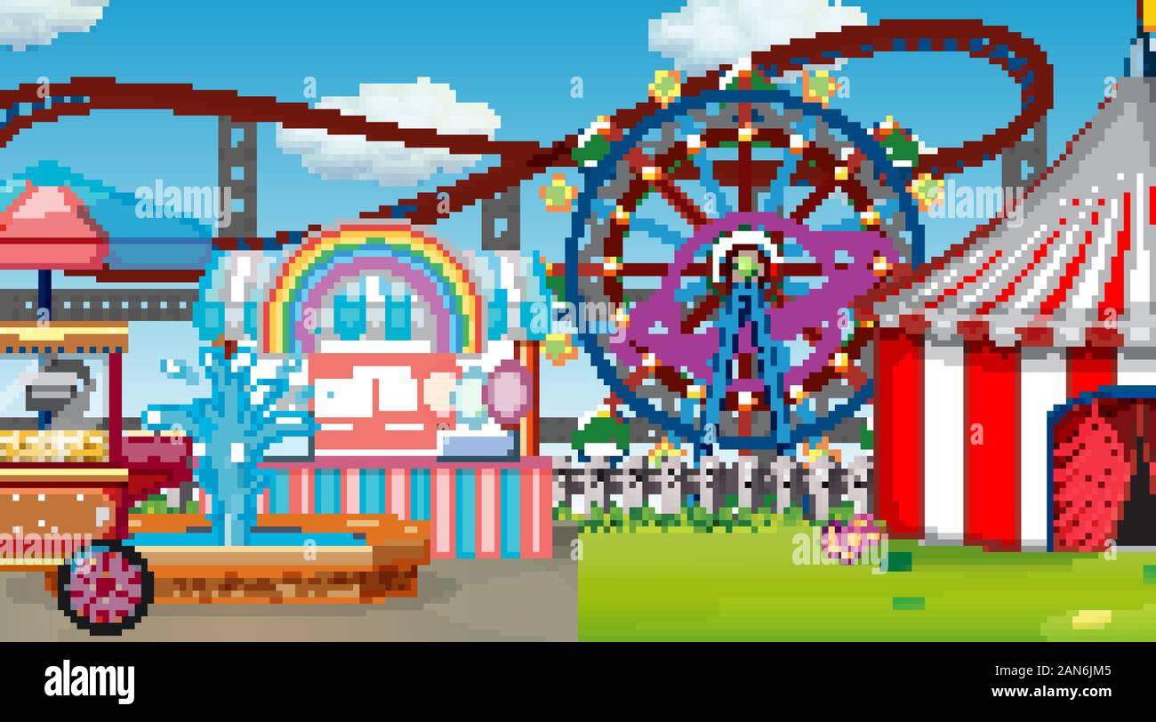 Scene with many rides in the fun fair illustration Stock Vector Image ...