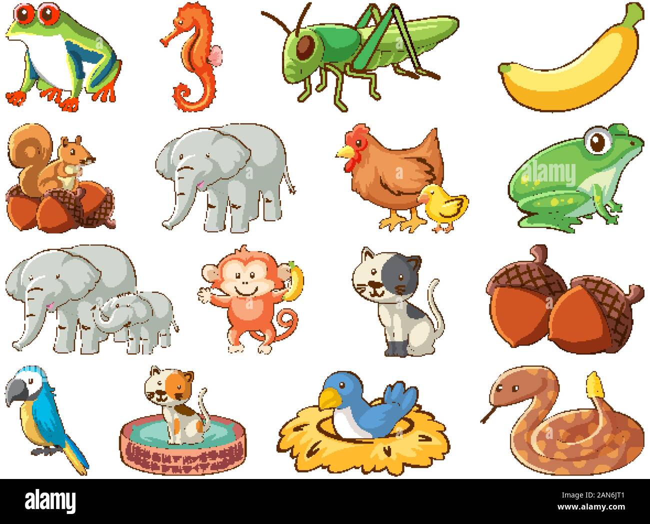 Large set of wildlife with many types of animals on white background ...