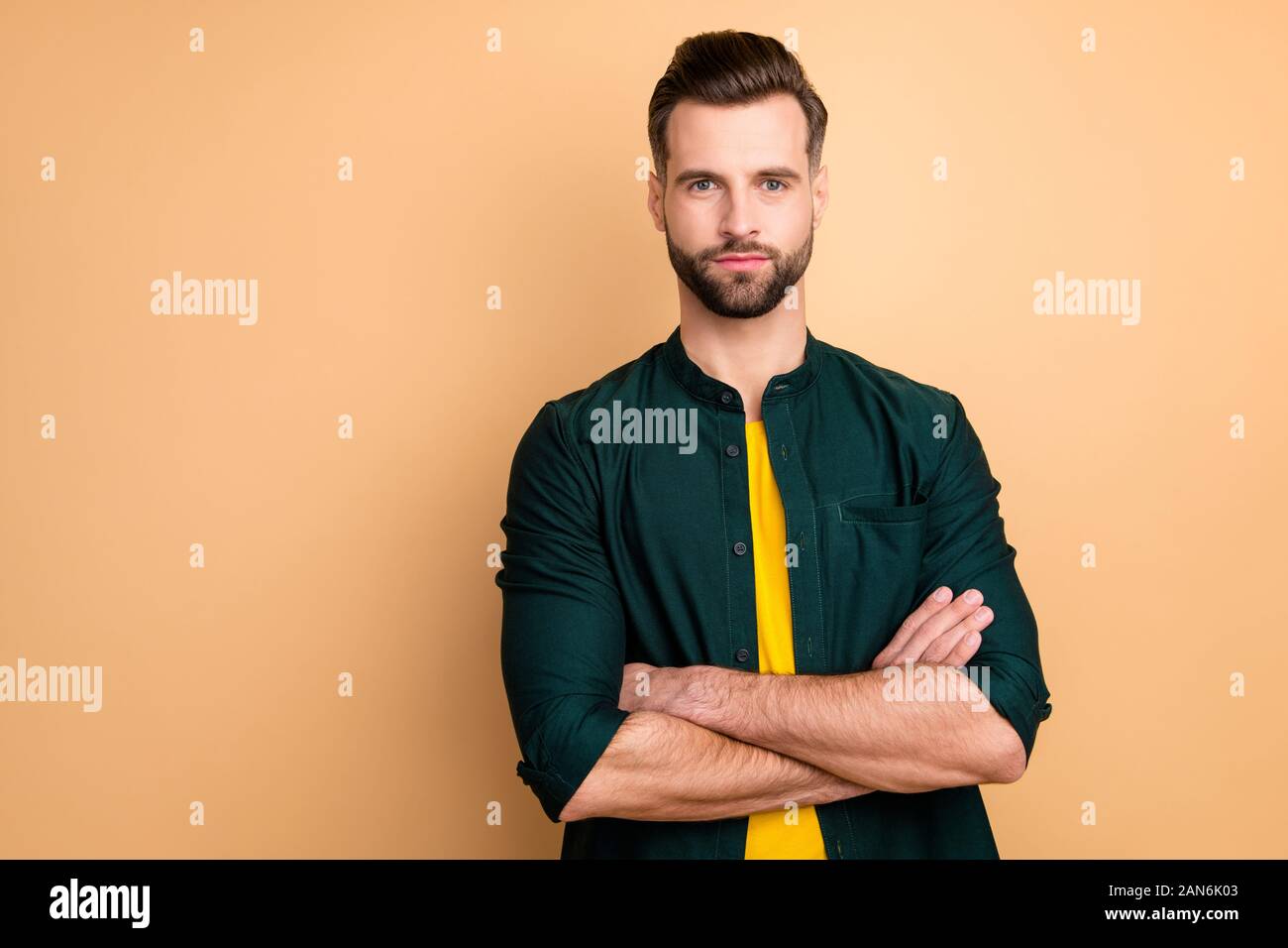 Photo of amazing business guy serious promoted boss chief hands crossed ...